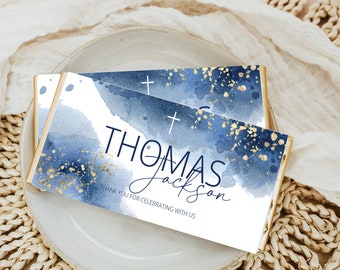 Dusty Blue Chocolate Bar Wrapper Template, Modern Baptism Candy Bar ...