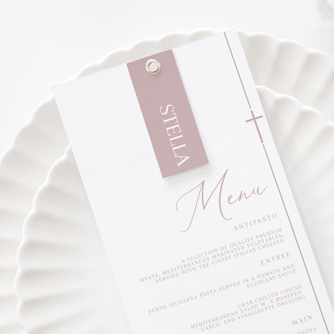 Dusty Pink Menu Template and Place Card, Baptism Pink Menu, Modern Menu ...