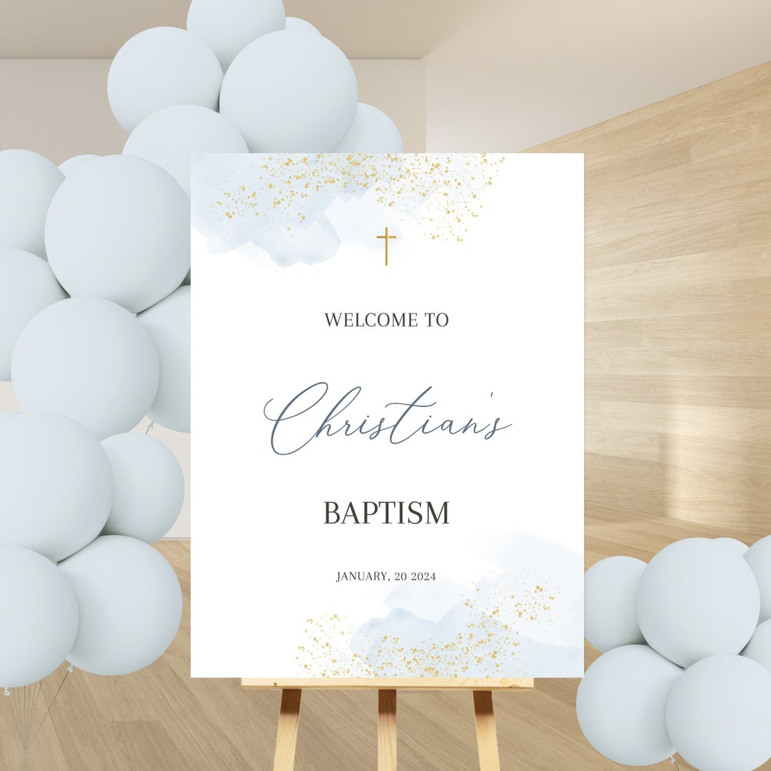 Dusty Blue Baptism Welcome Sign Poster, Gold Cross Dusty Blue ...