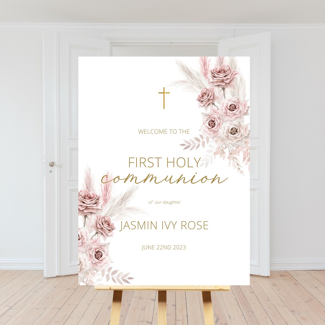 Pink Holy Communion Welcome Sign Template, Girl Communion Welcome Sign ...