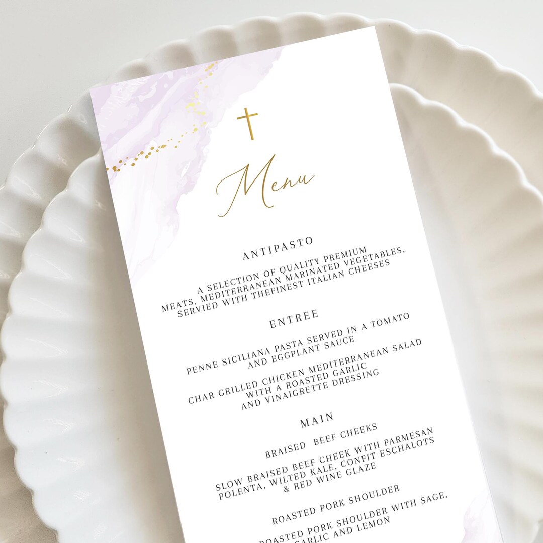 Purple Menu Template Add Guest Names, Baptism Menu, Menu Place Card ...