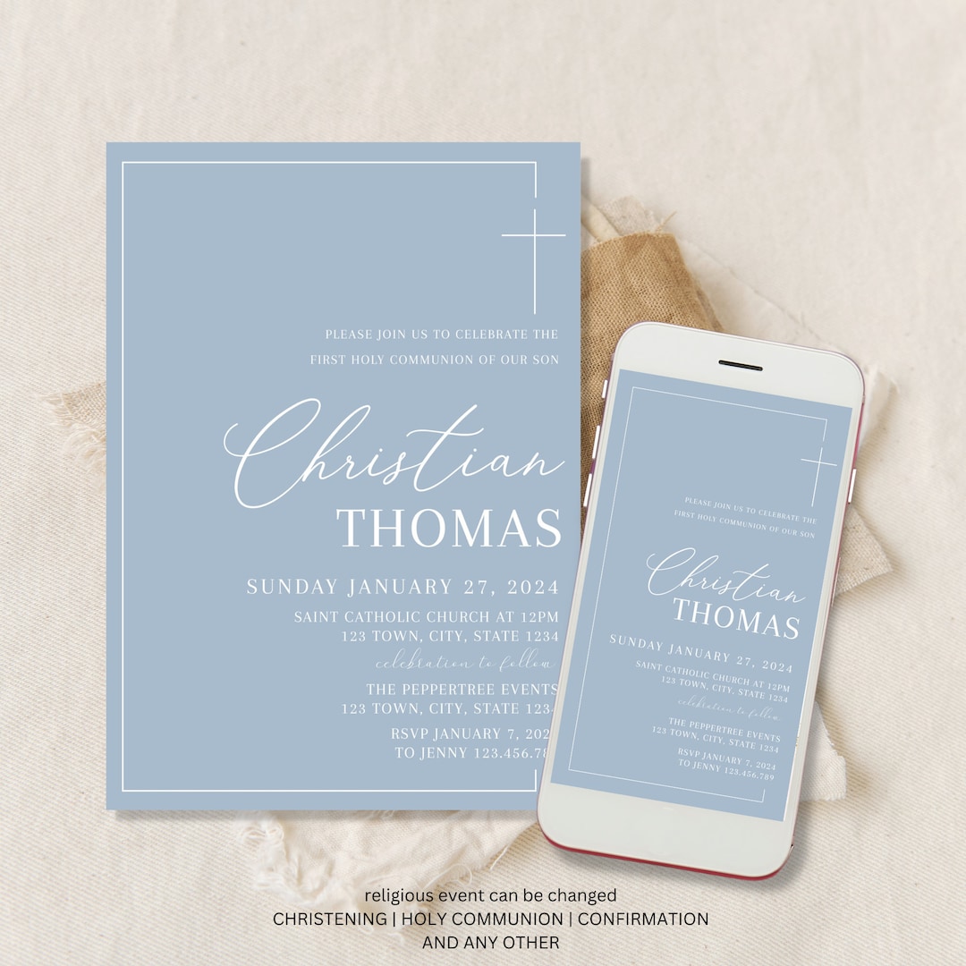 First Communion Invitation Boy, Modern First Holy Communion Invite Boy ...