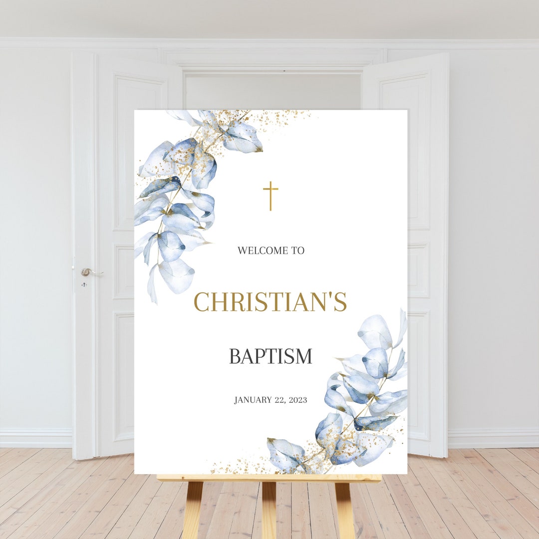 Blue WELCOME POSTER, Editable Gold White Baptism Sign / Christening ...