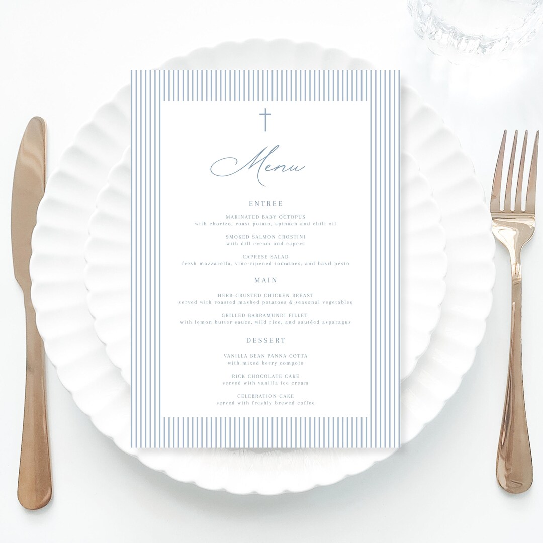 Blue Baptism Menu Template, Blue Christening Menu, Modern Blue Stripe ...