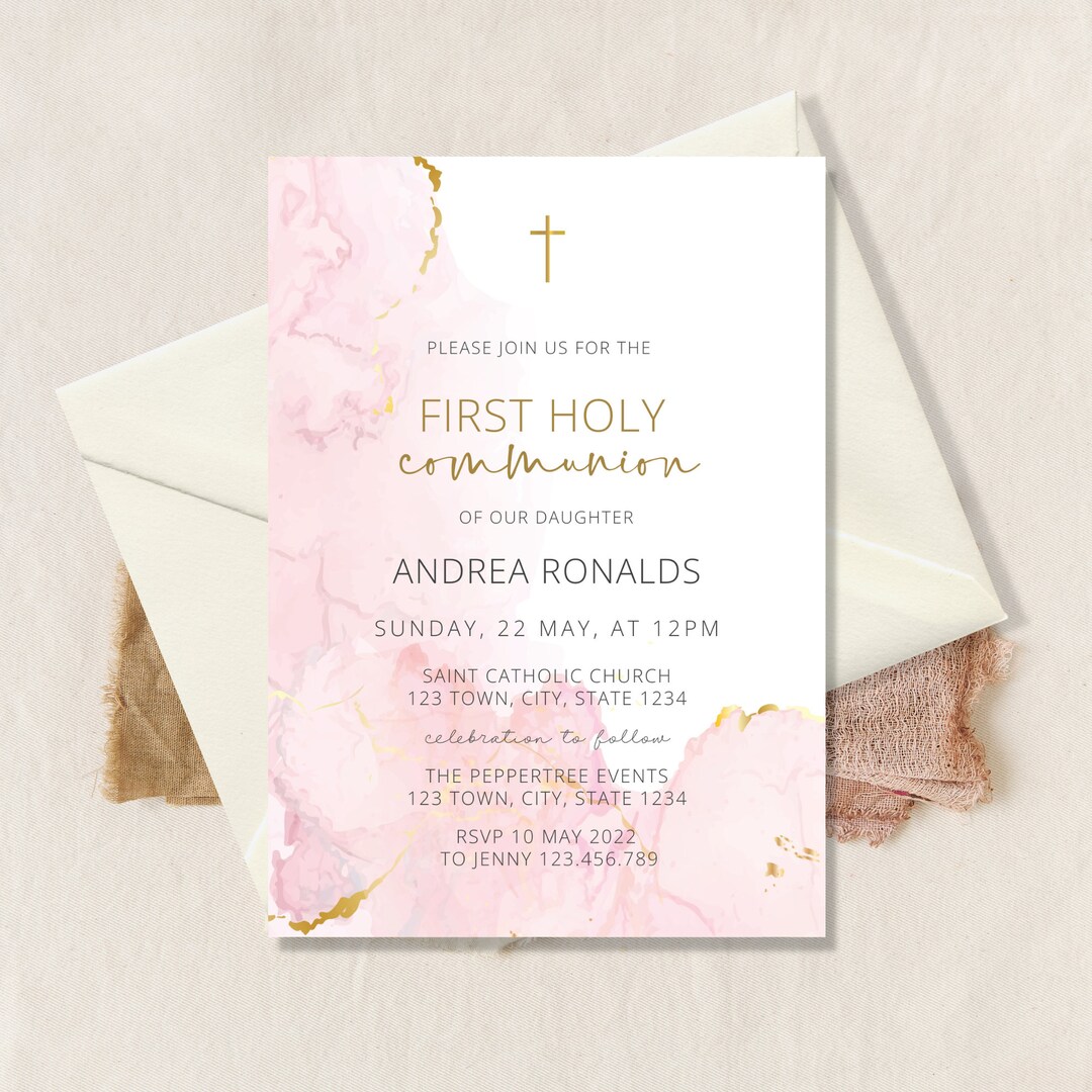 Pink Baptism Invitation, Girl Christening Invitation Template, Pastel ...