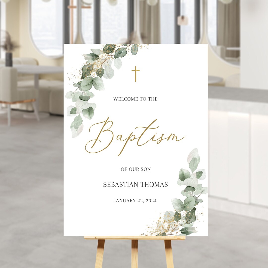 Green Eucalyptus WELCOME POSTER Seating Editable Gold White Baptism ...