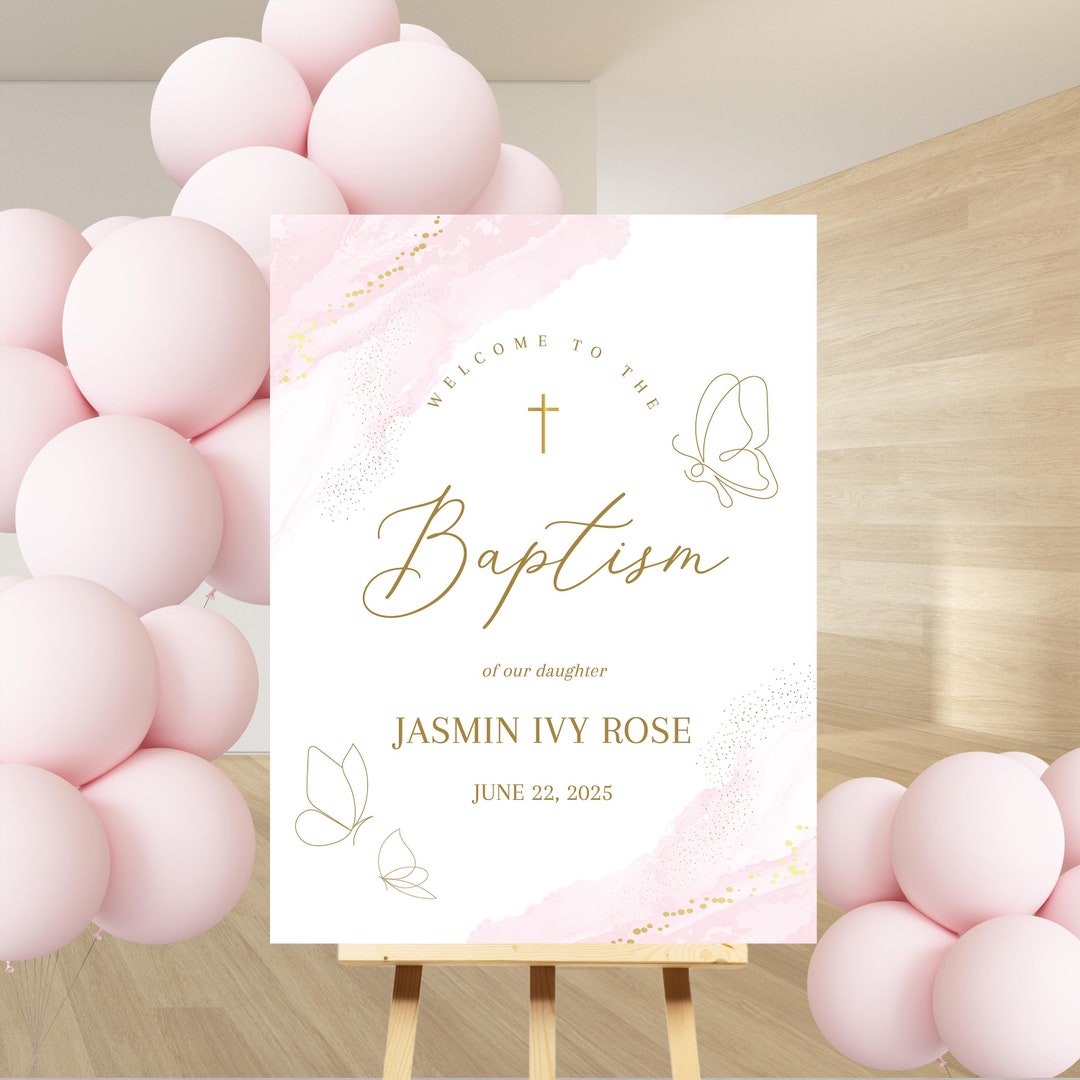 Pink Baptism Welcome Sign, Printable Baptism Poster , Butterfly Pink ...