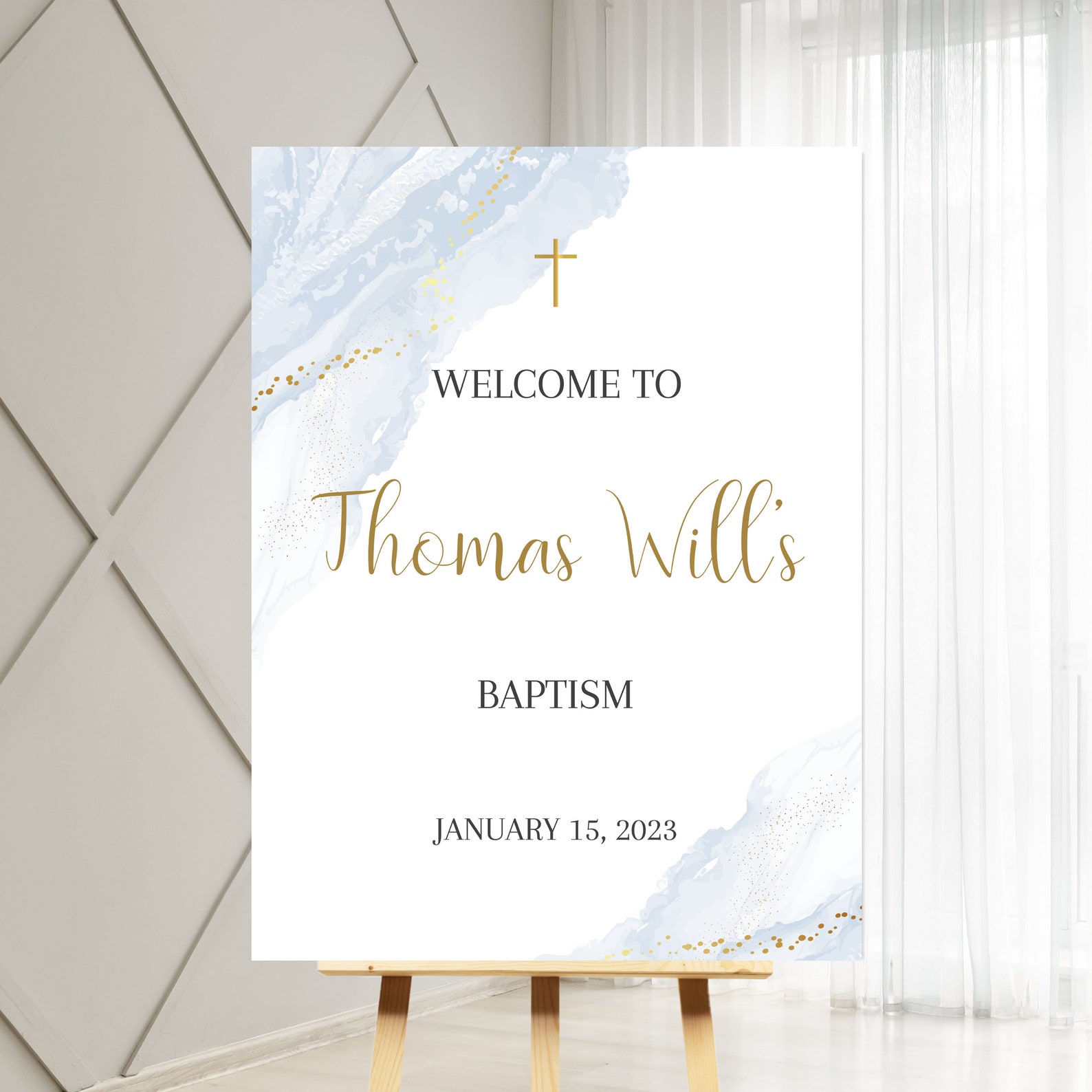Dusty Blue WELCOME POSTER Seating Editable Gold White Baptism / Holy ...
