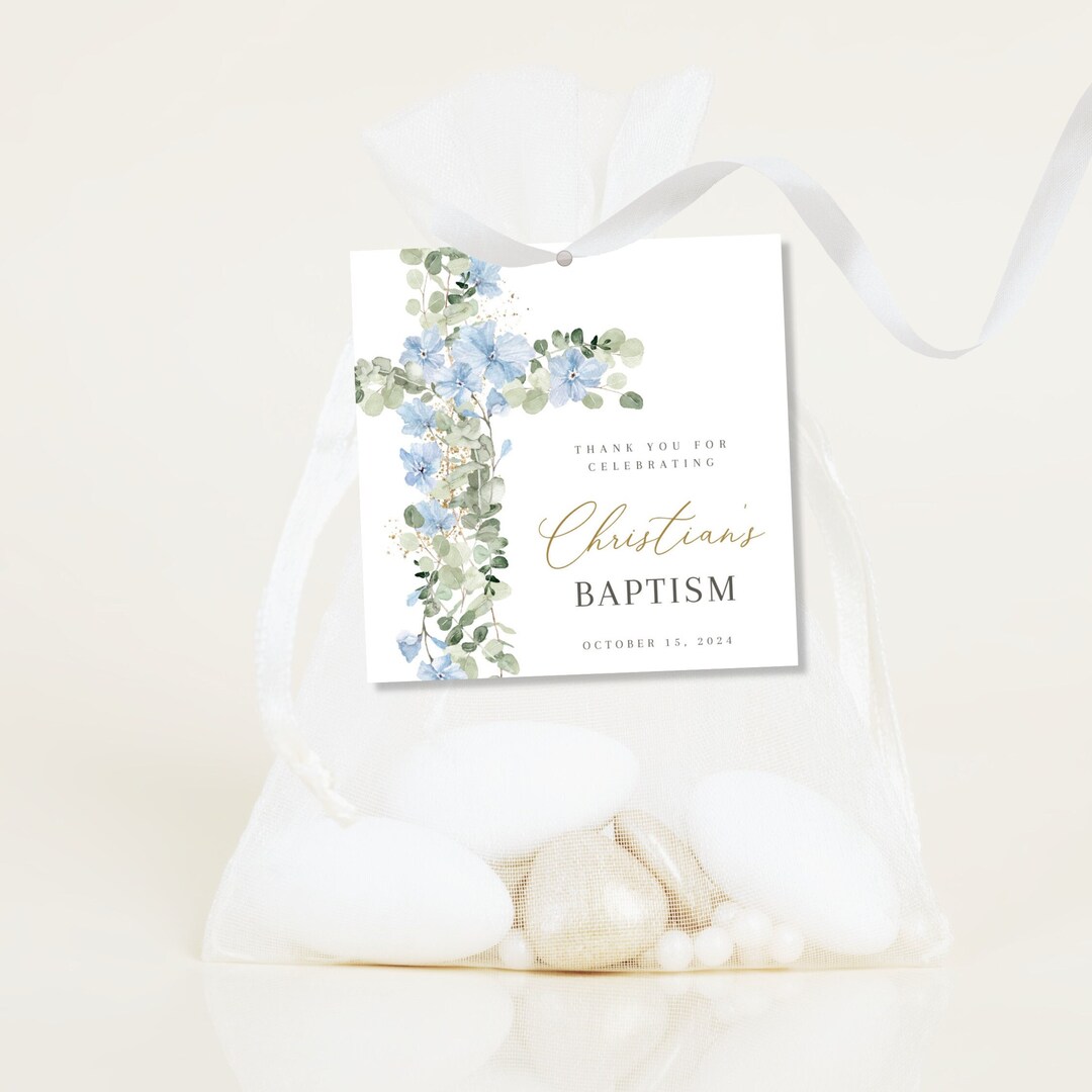 Blue Baptism Tag, Floral Cross Baptism Bonbonniere Printable Tag ,thank ...