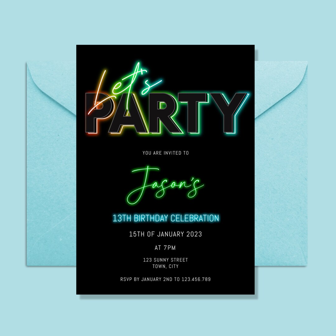 Neon Light Birthday Invitation, Glow Party, Teen Invite, Adult Invite ...