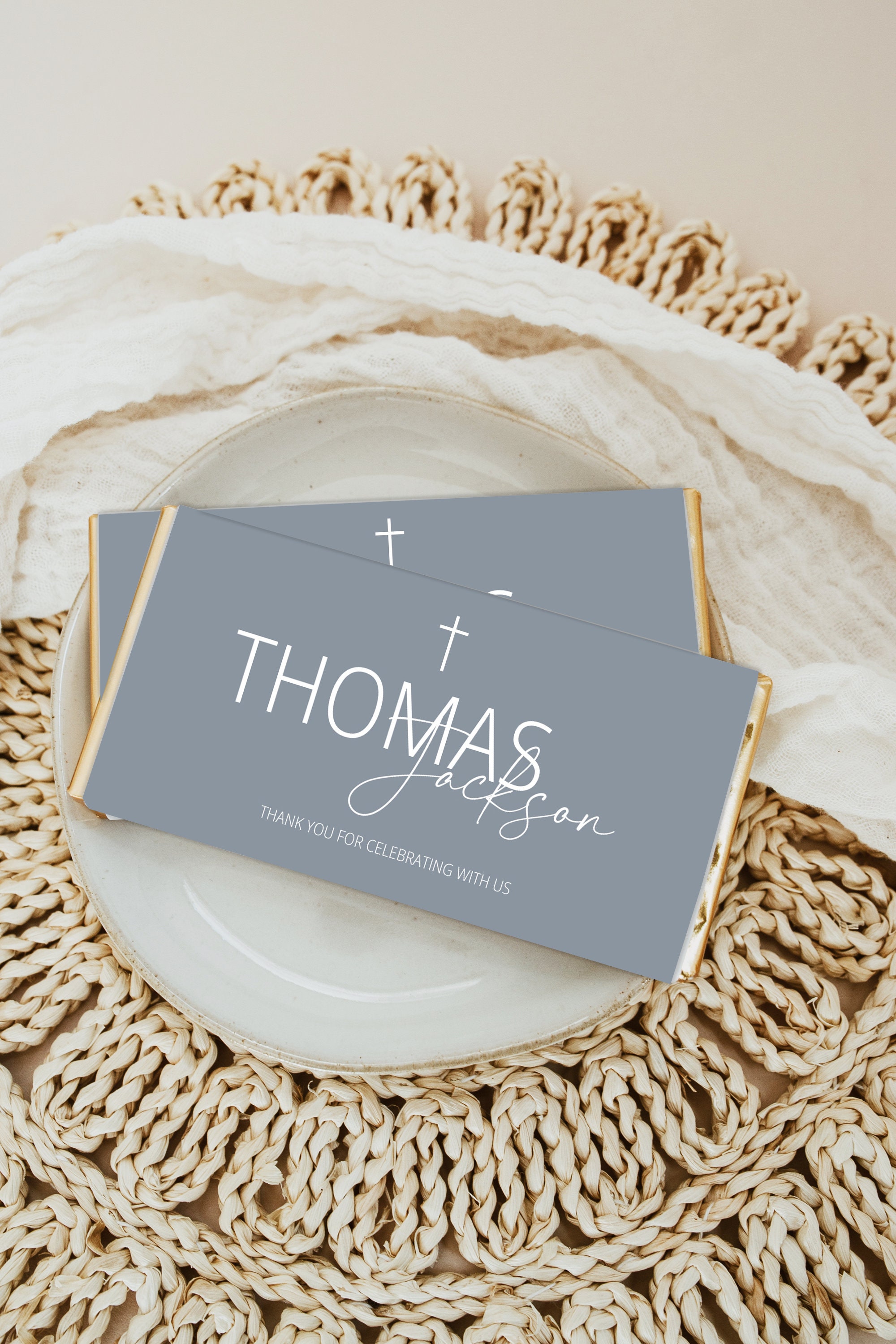 Dusty Grey Blue Chocolate Bar Wrapper Template, Modern Baptism Candy ...