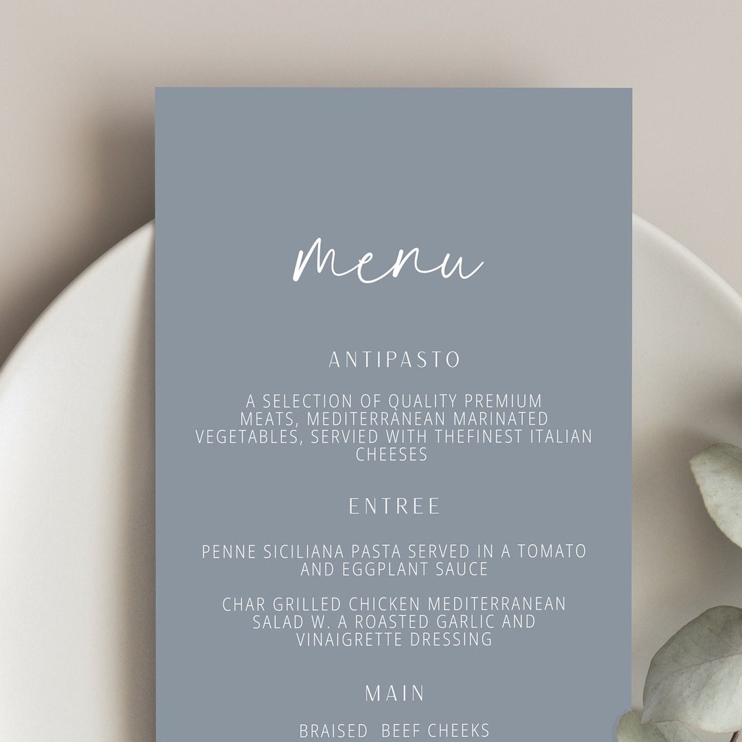 Dusty Blue Menu Template, Blue Menu, Modern Menu Printable Wedding ...