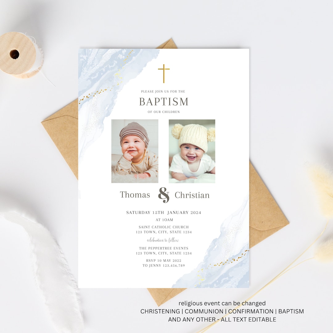 Twin Baptism Invite for Boys, Blue Baptism Invitation, Blue Christening ...