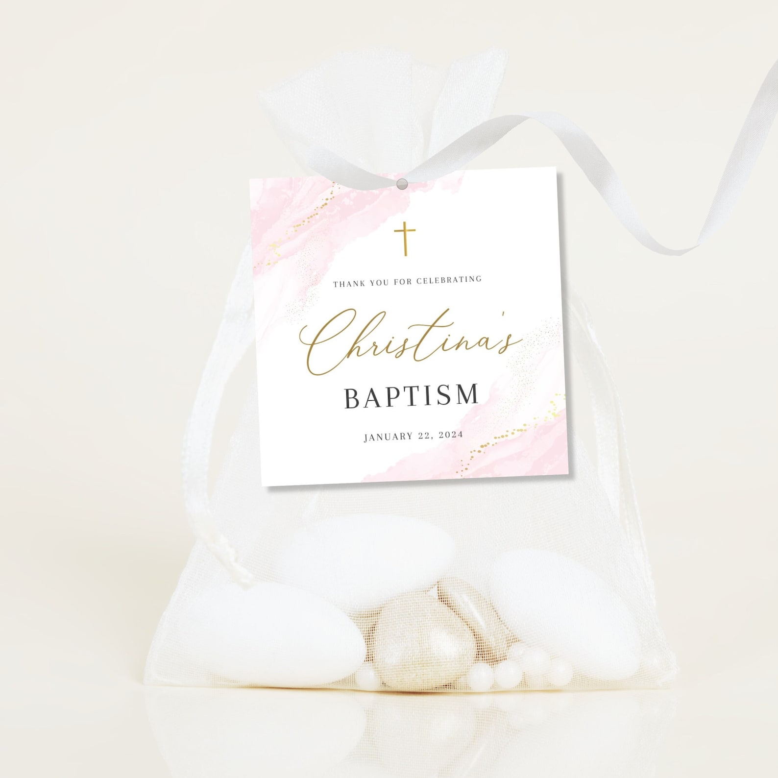 Pink Baptism Favor Tag Template, Thank You Tag, Sticker Favor Tag ...