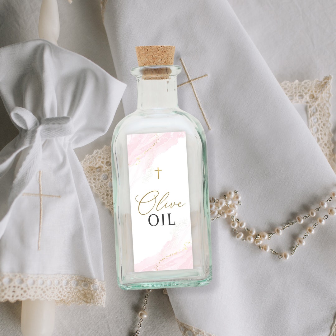 Baptism Olive Oil Label Template, Pink Olive Oil Label, Baptism Oil ...
