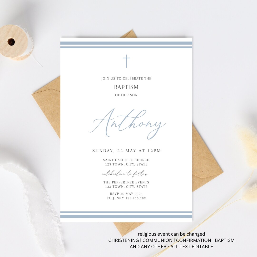 Boy Baptism Invitation, Christening Invite , Dusty Blue Invite, Boys ...