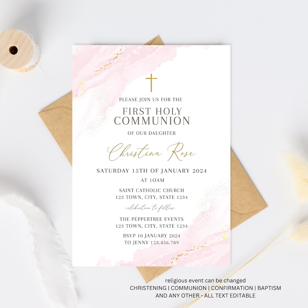 Pink Holy Communion Invitation Template, First Holy Communion Invite ...