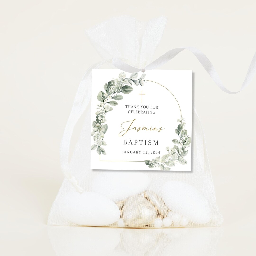 Green Baptism Favor Tag Template, Eucalyptus Floral Thank You Tag ...