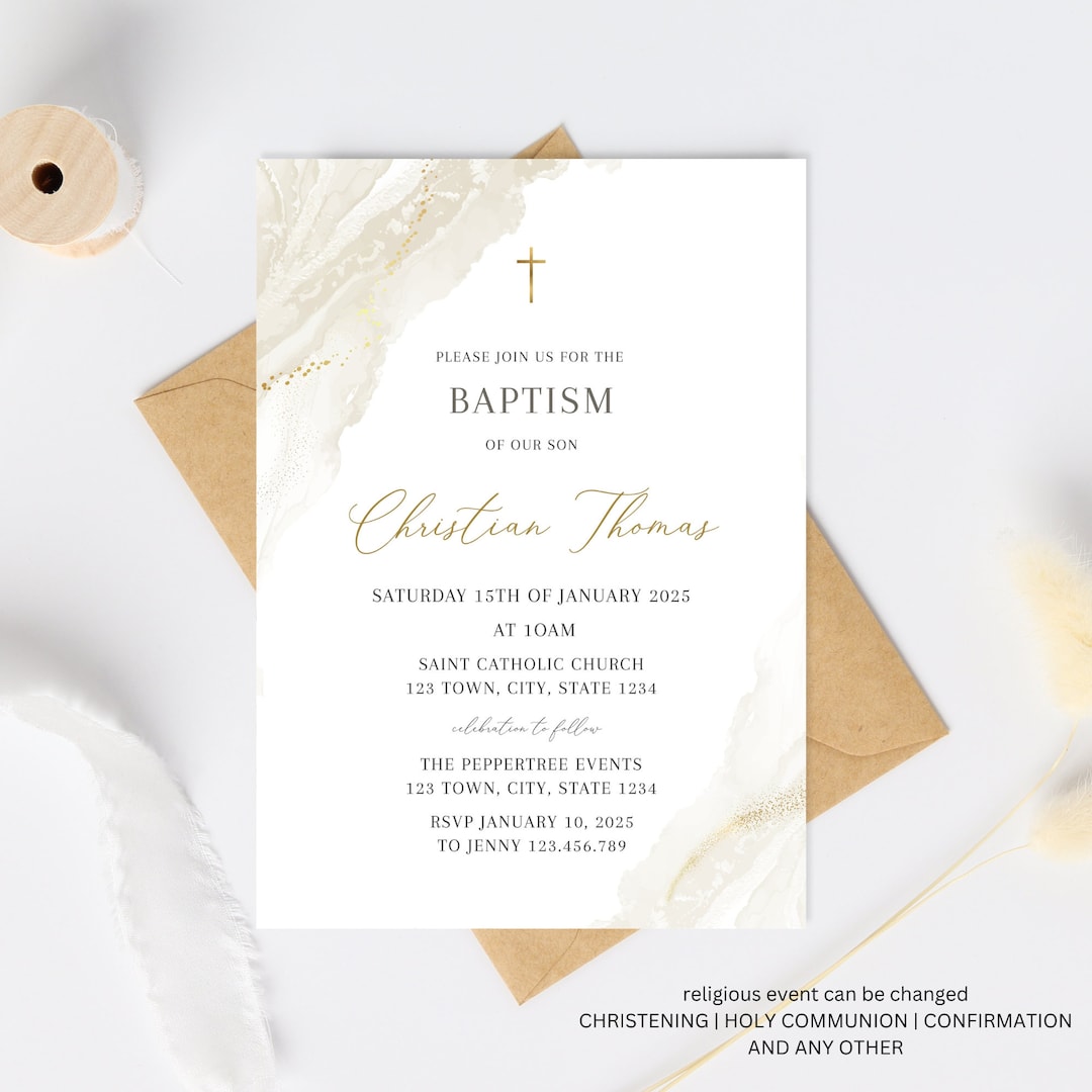 Beige Baptism Invitation Template Boy, Boho Christening Invite Template ...