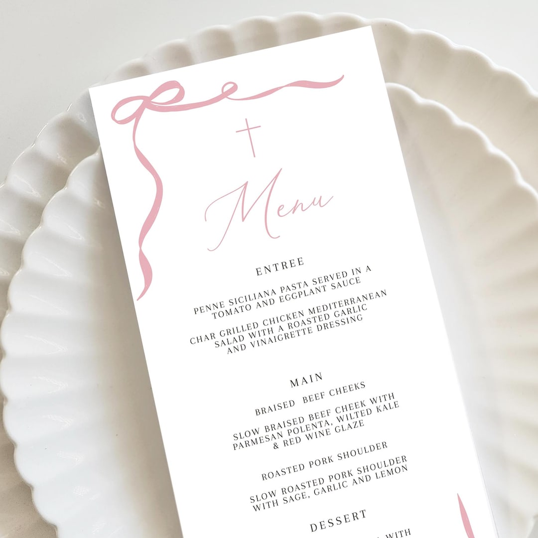 Bow Pink Baptism Menu, Bow Pink Christening Menu, Religious Menu for ...