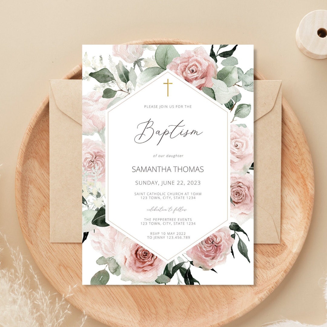Pink Baptism Invitation Template Pink Flower Baptism Invites Printable ...