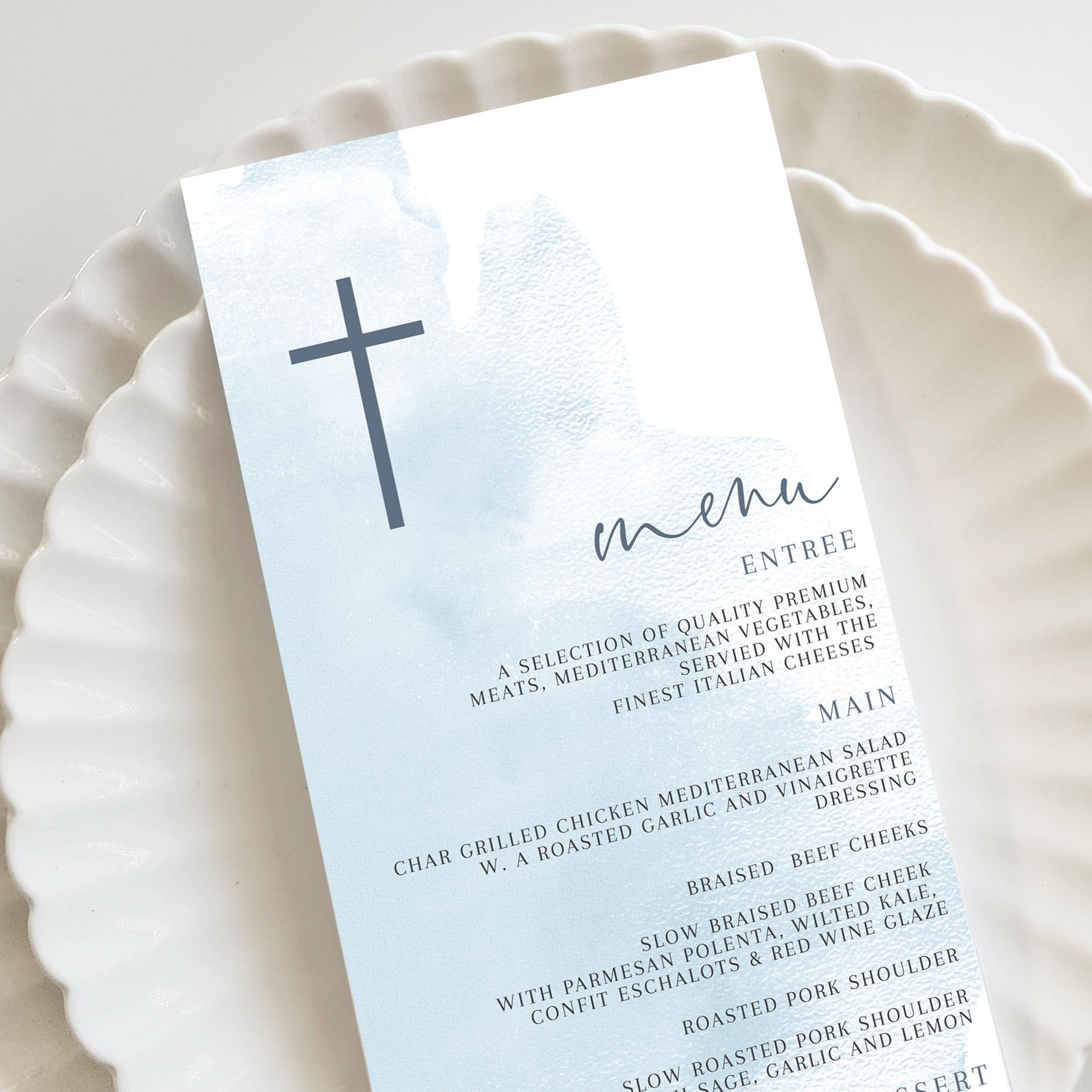 Blue Watercolor Cross Menu | Baptism, Communion, Christening ...