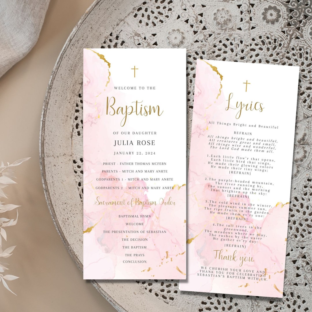 Pink Baptism Program Template, Editable Baptism Program for Girl ...