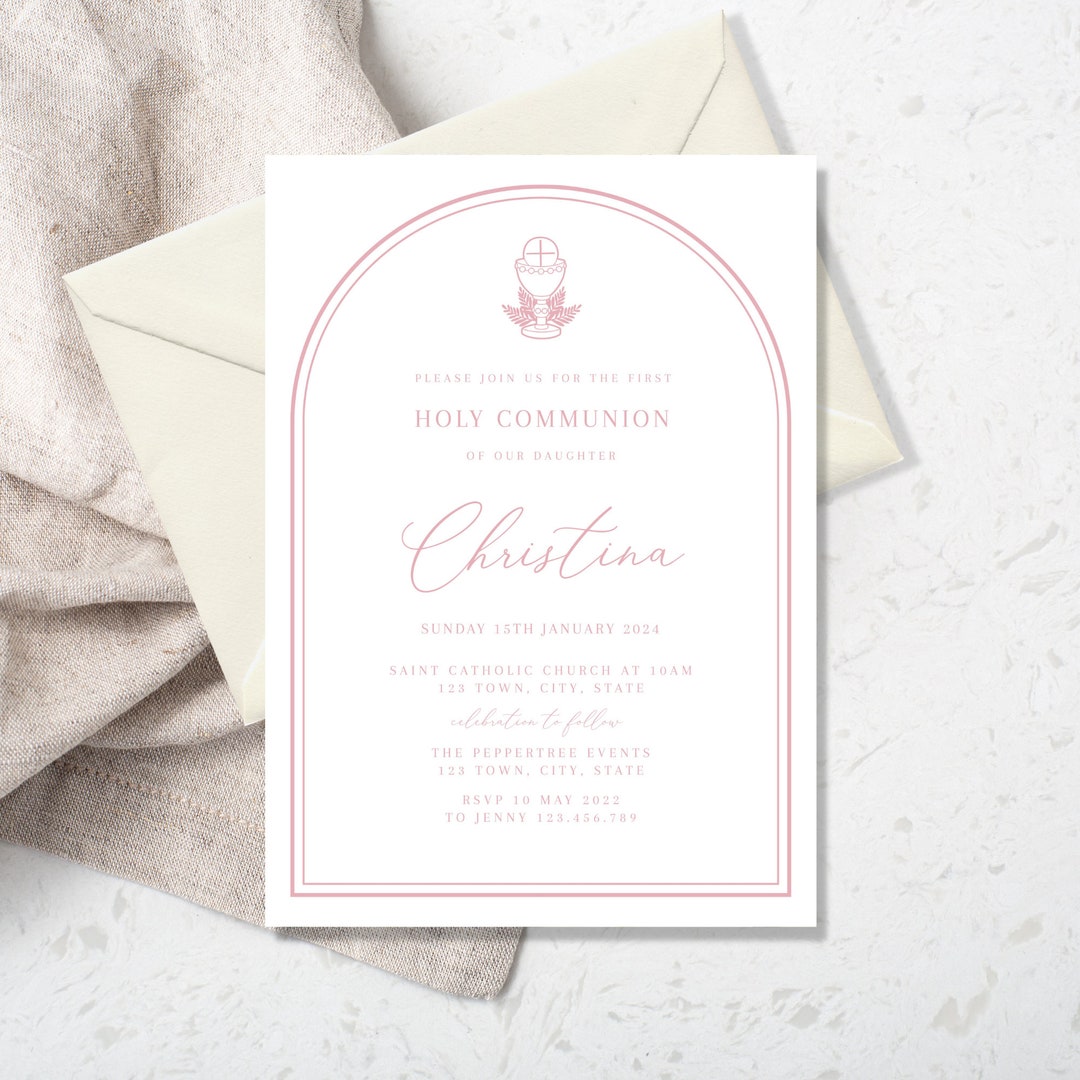 Pink Holy Communion Invitation Girl, First Holy Communion Invitation ...