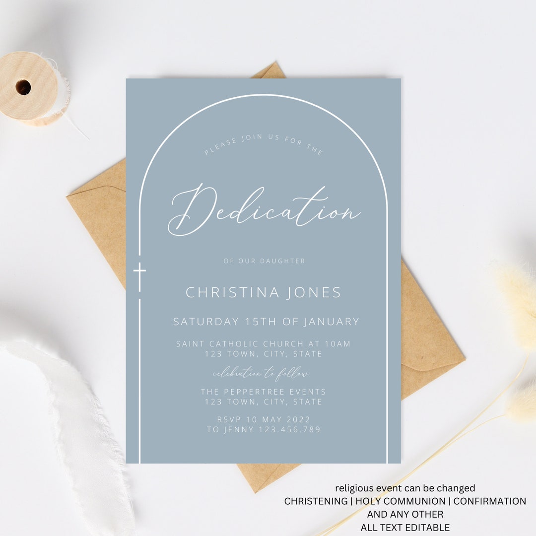 Dedication Invitation Template, Dusty Blue Dedication Invite, Boys Blue ...
