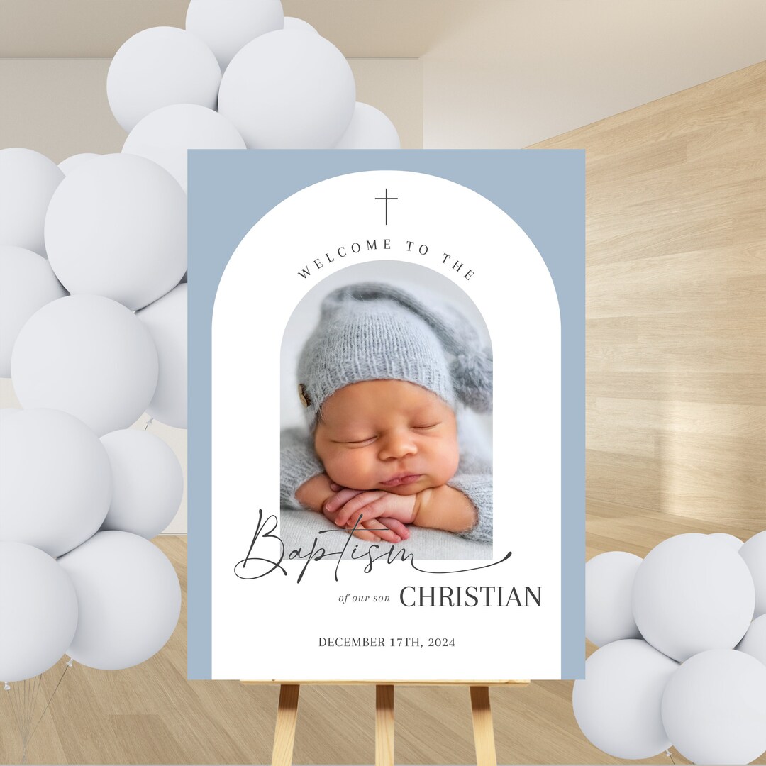 Dusty Blue Baptism Welcome Sign With Photo, White Cross Dusty Blue ...