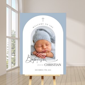 Dusty Blue Baptism Welcome Sign With Photo, White Cross Dusty Blue ...