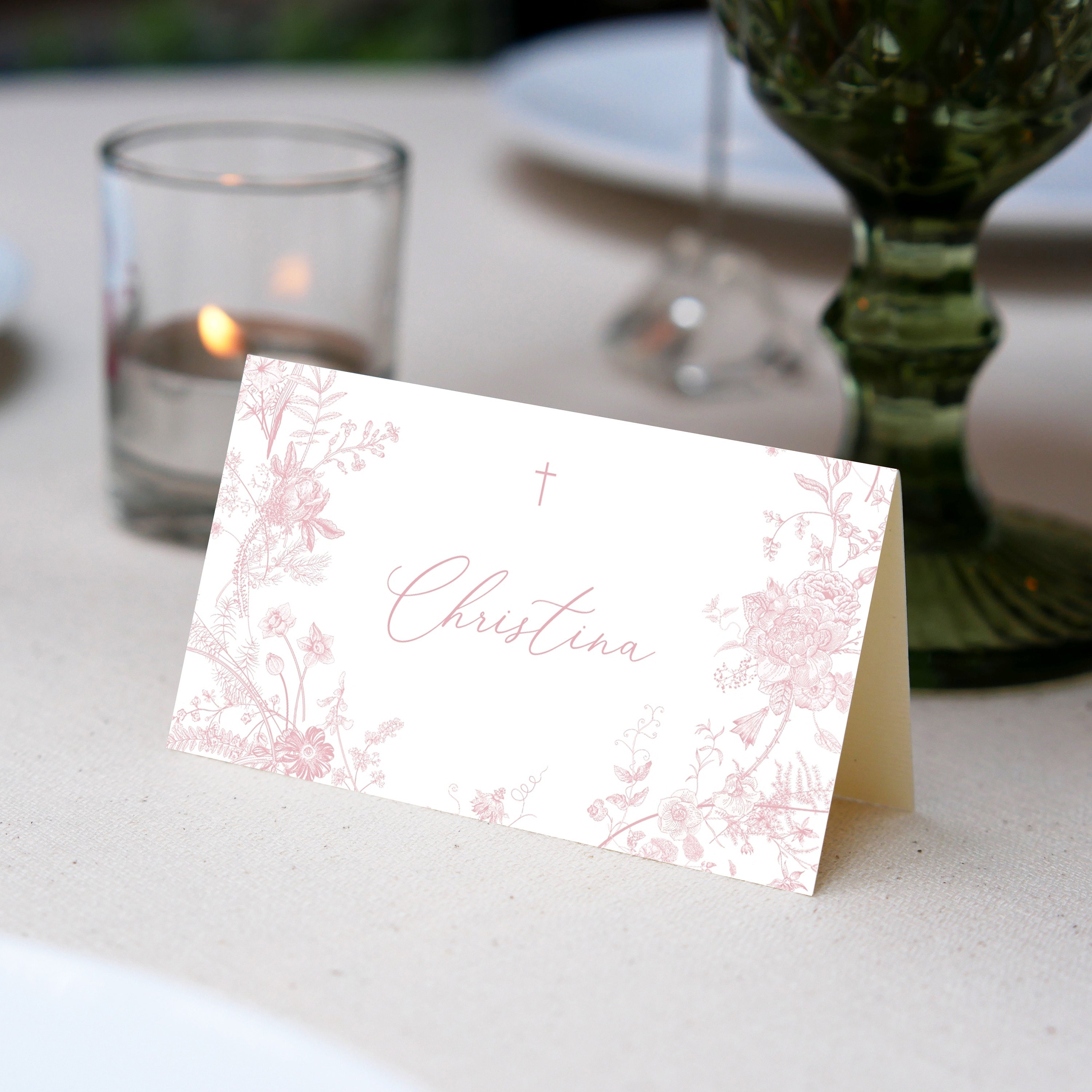 Pink Flower Editable Place Card Template, 3.5x2" Folded and Flat ...