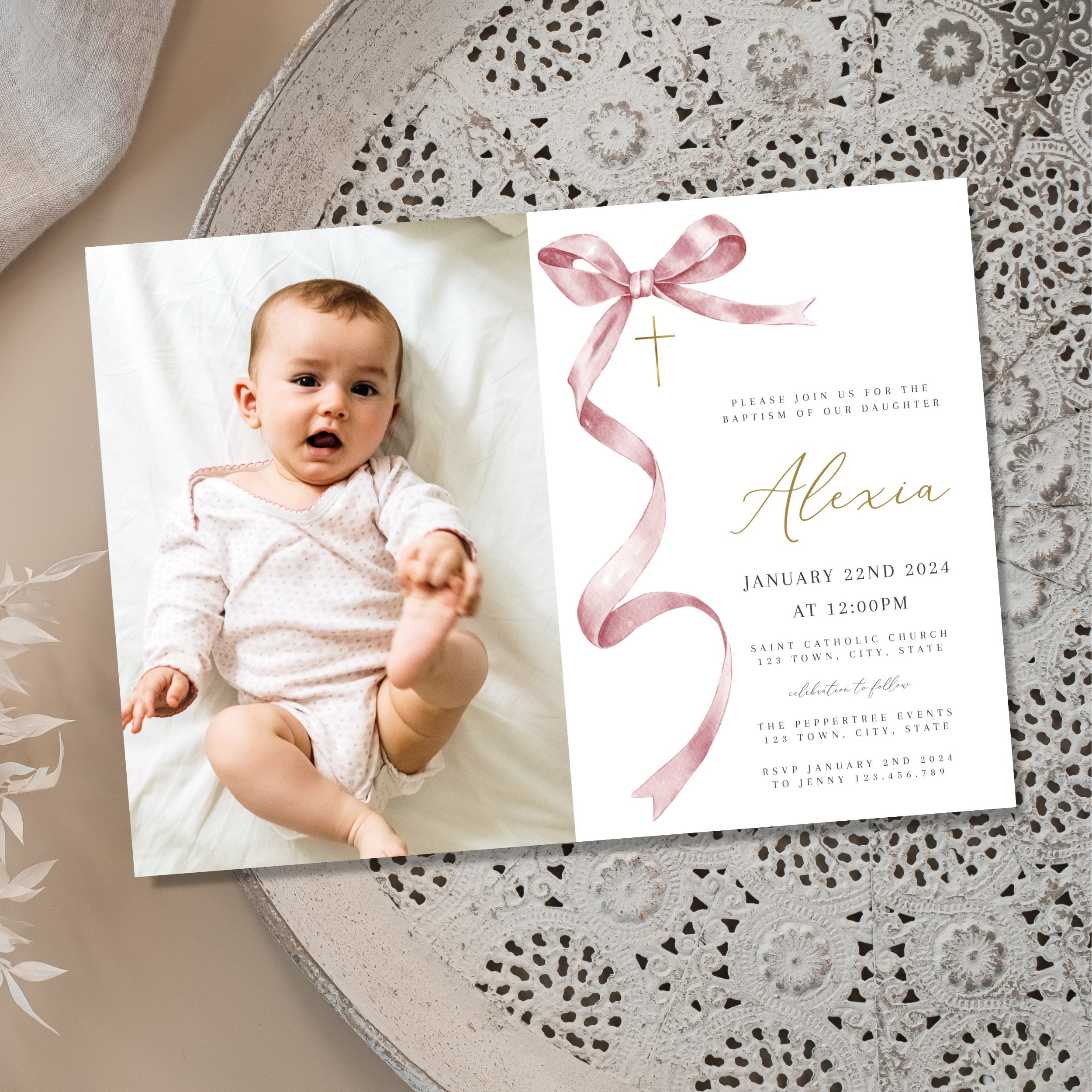 Pink Baptism Invitation Girl, Girl Christening Invitation Template ...