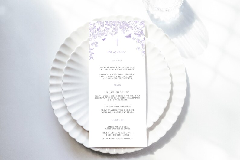 Purple Baptism Menu, Lavender Christening Menu, Religious Menu for ...