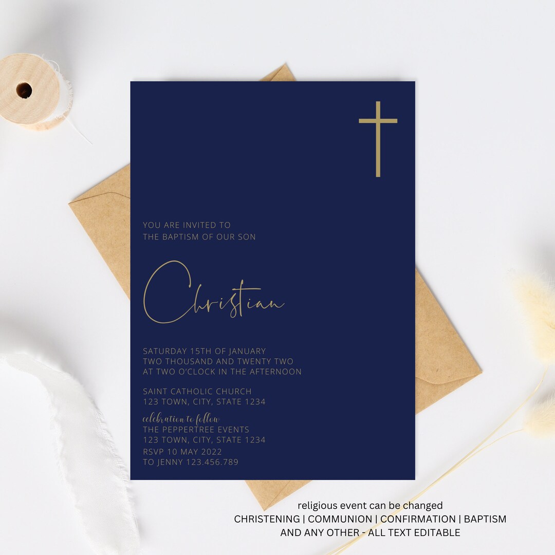 Boy Baptism Invitation, Christening Invite , Navy Blue Invite, Boys ...