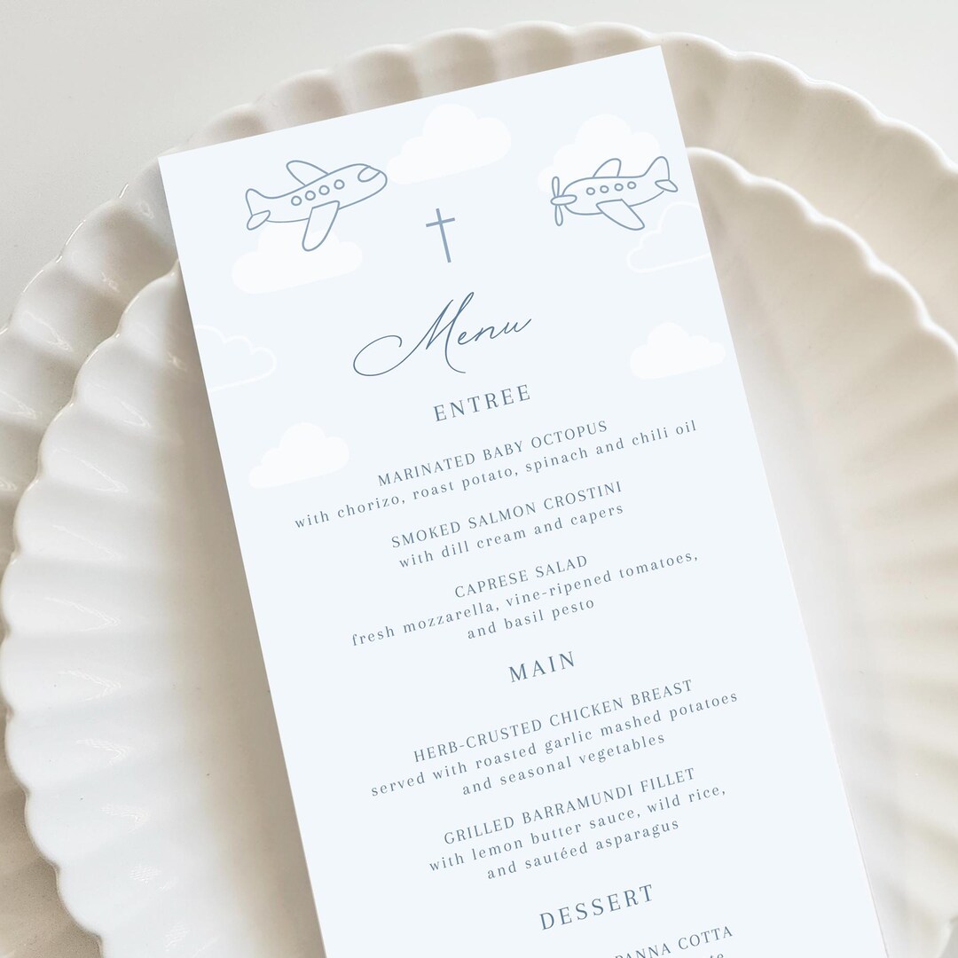 Blue Baptism Menu Template, Dusty Blue Menu, Christening Menu, Baptism ...