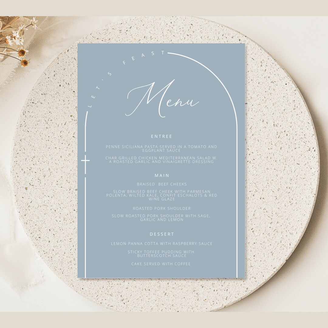 Dusty Blue Baptism Menu Template, Blue Christening Menu, Modern Menu ...