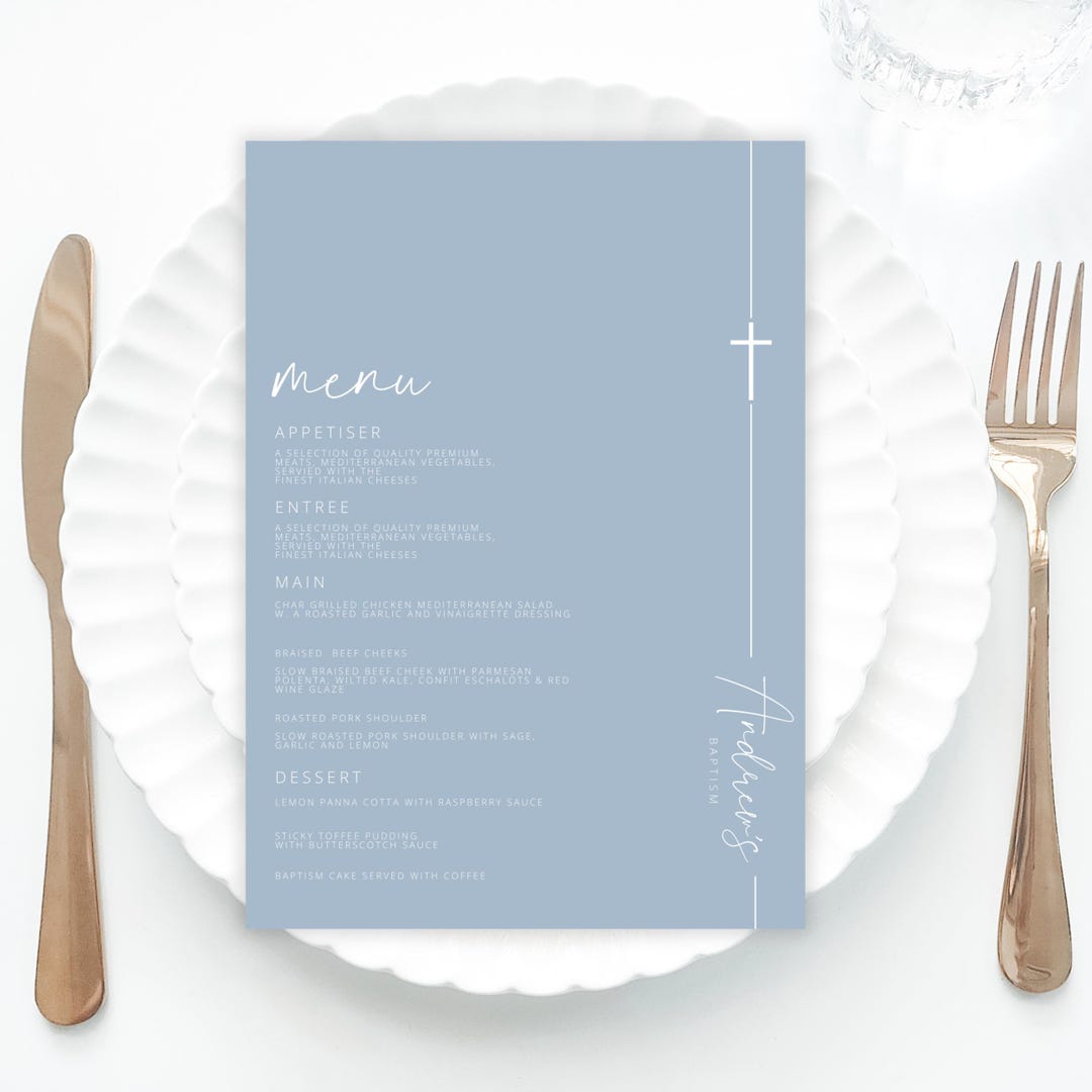 Blue Baptism Menu Template Add Guest Names, Modern Baptism Place Card ...