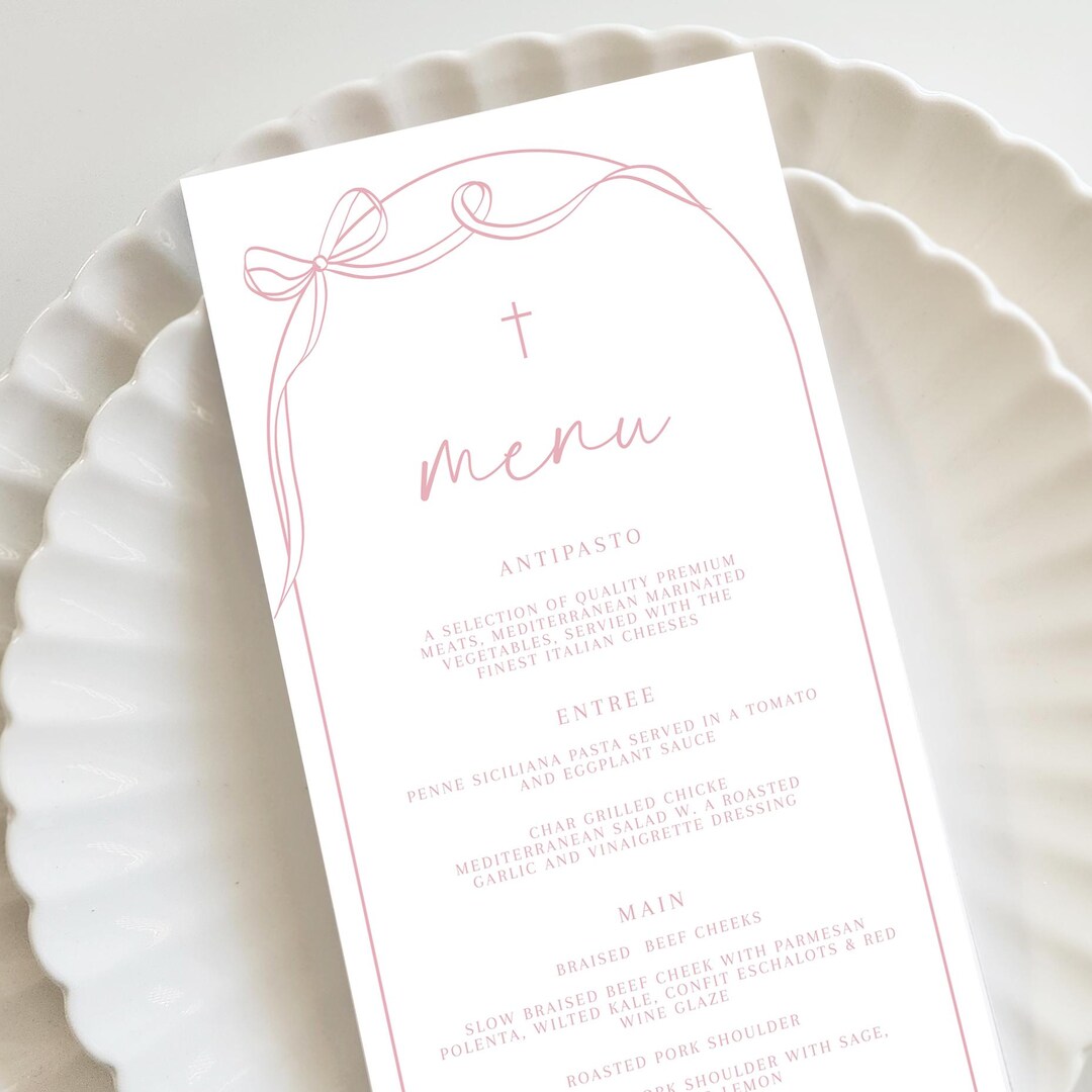 Bow Pink Menu Template Baptism Decor, Modern Pink Arch Baptism Menu ...