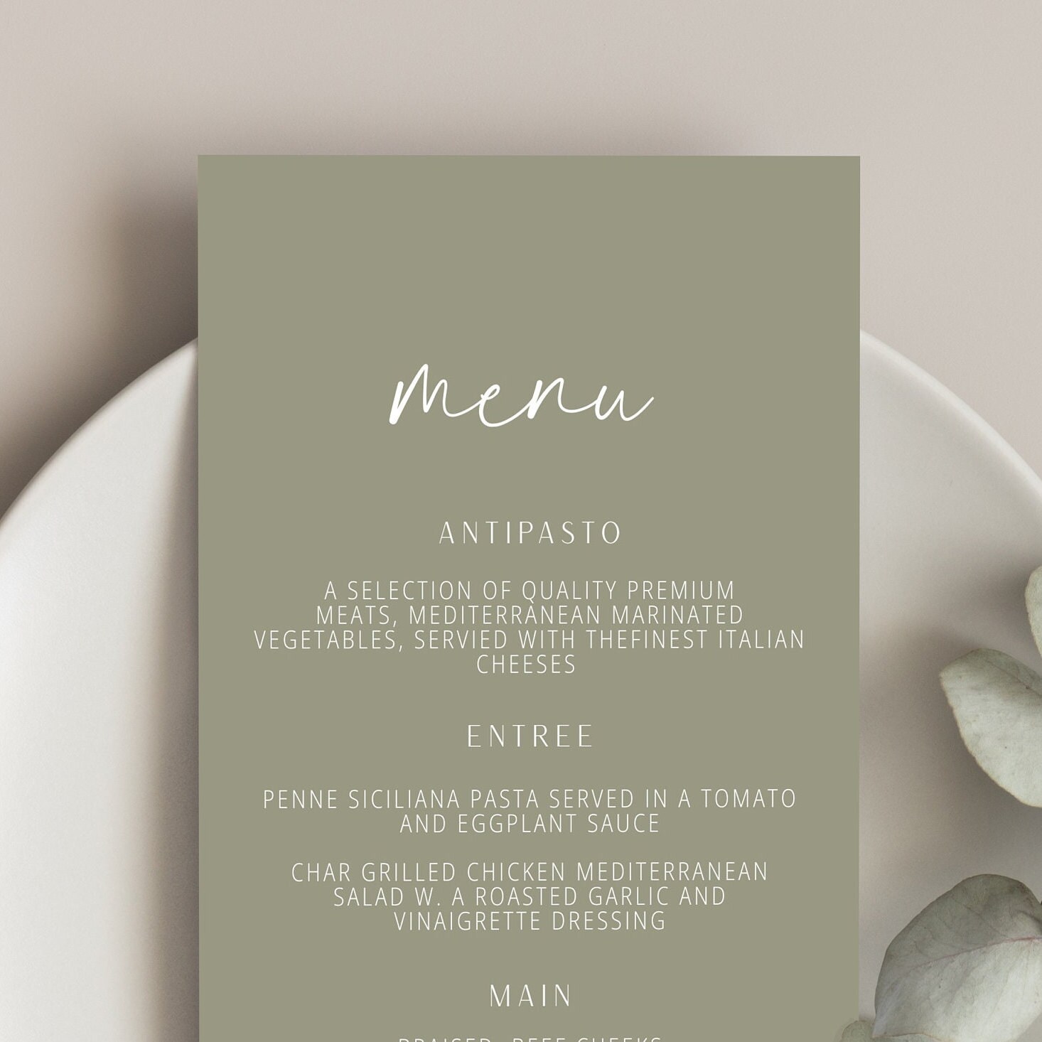 Olive Green Menu Template Add Guest Names Modern Wedding - Etsy