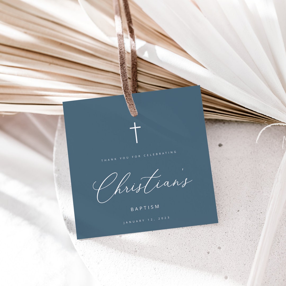Dusty Blue Baptism Favor Tag Template, Modern Thank You Tag, Minimalist ...