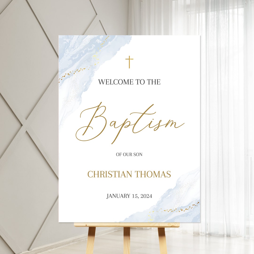 Dusty Blue Baptism Welcome Sign Poster, Gold Cross Dusty Blue ...