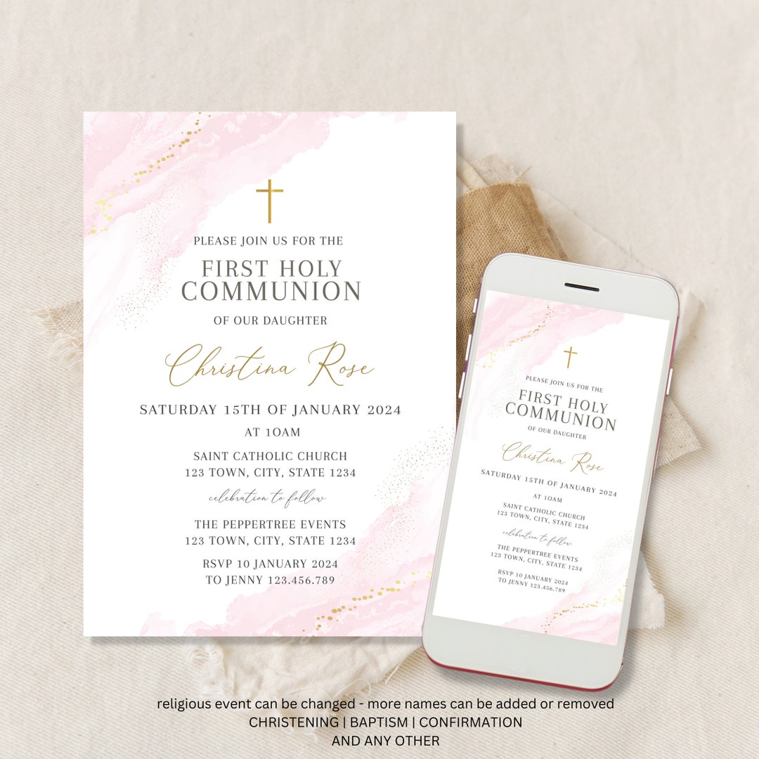 Pink Holy Communion Invitation Template, First Holy Communion Invite ...