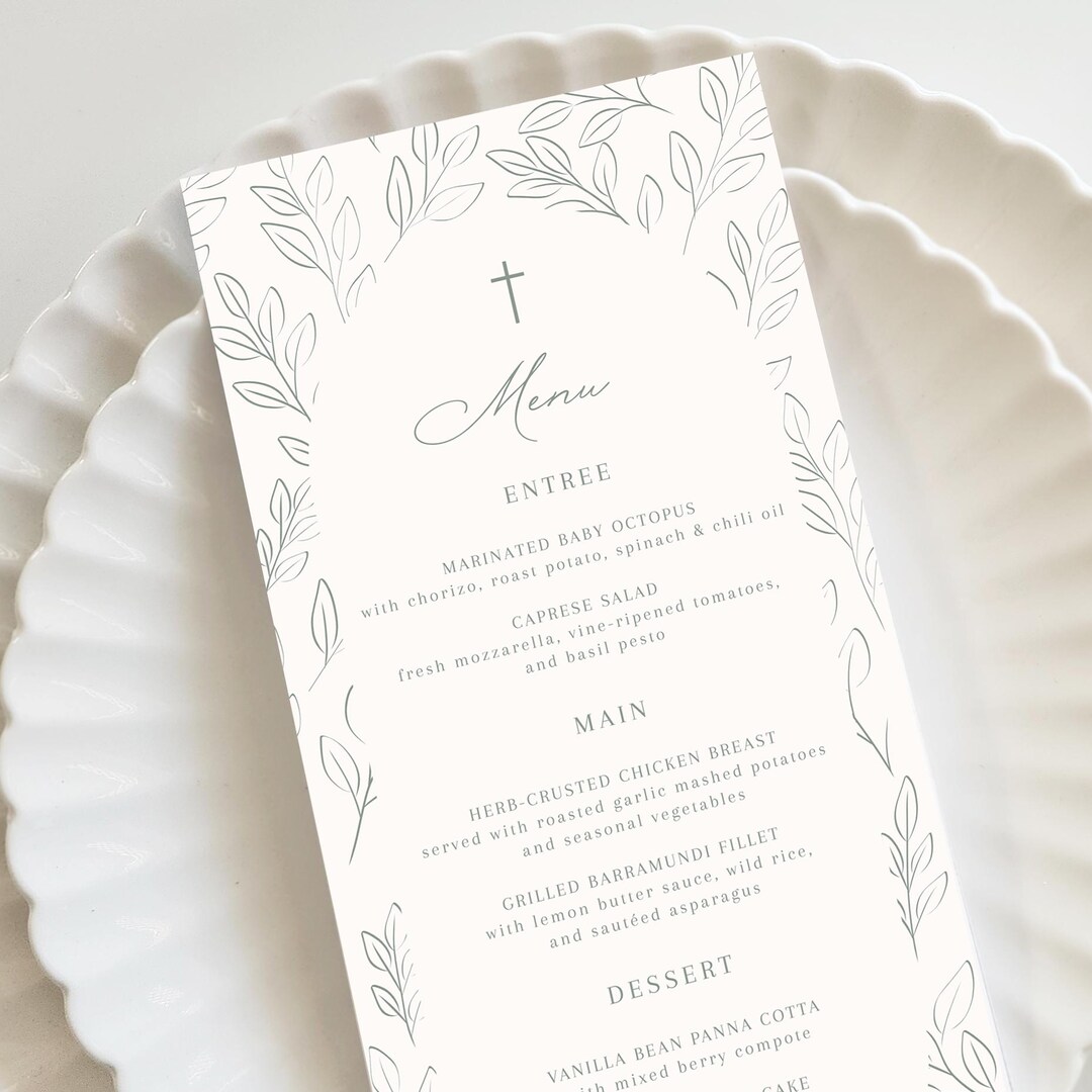 Green Baptism Menu Template, Eucalyptus Baptism Dinner Menu, Green ...