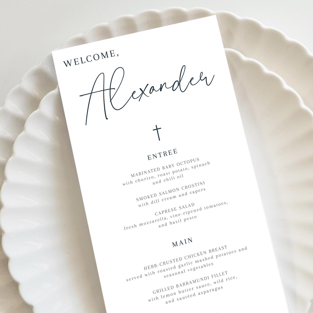 Baptism Menu Drinks Menu Template Add Guest Names, Modern Baptism Blue ...