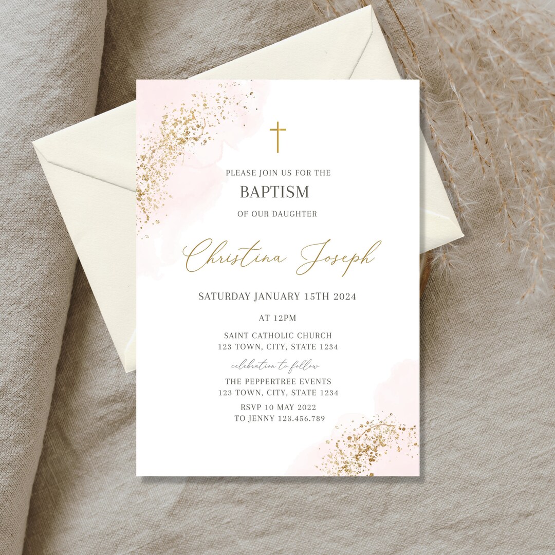 Baptism Invitation Girl, Pink Christening Invitation Template, Girl ...