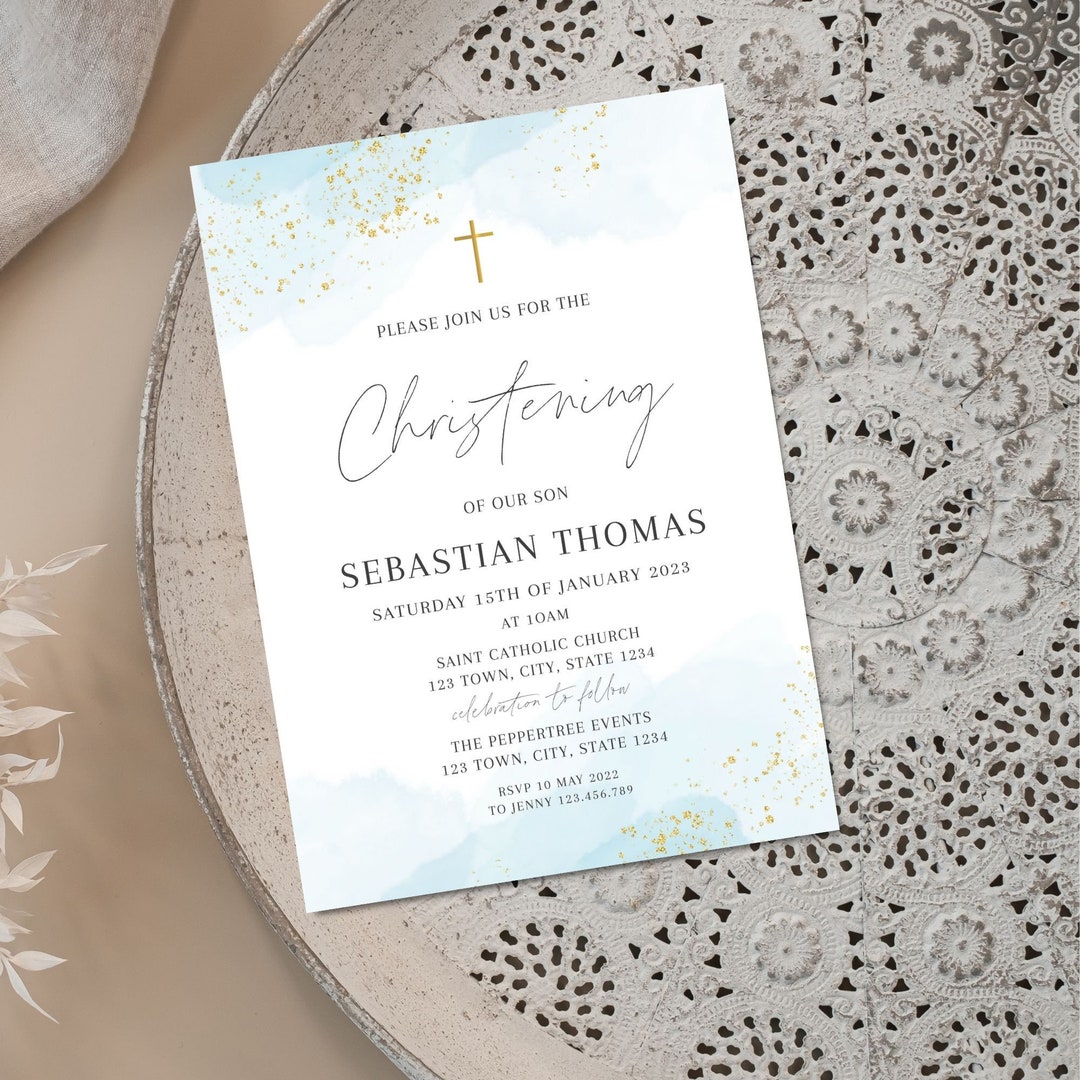 Christening Invitation Boy Template Printable Light Baby Blue - Etsy