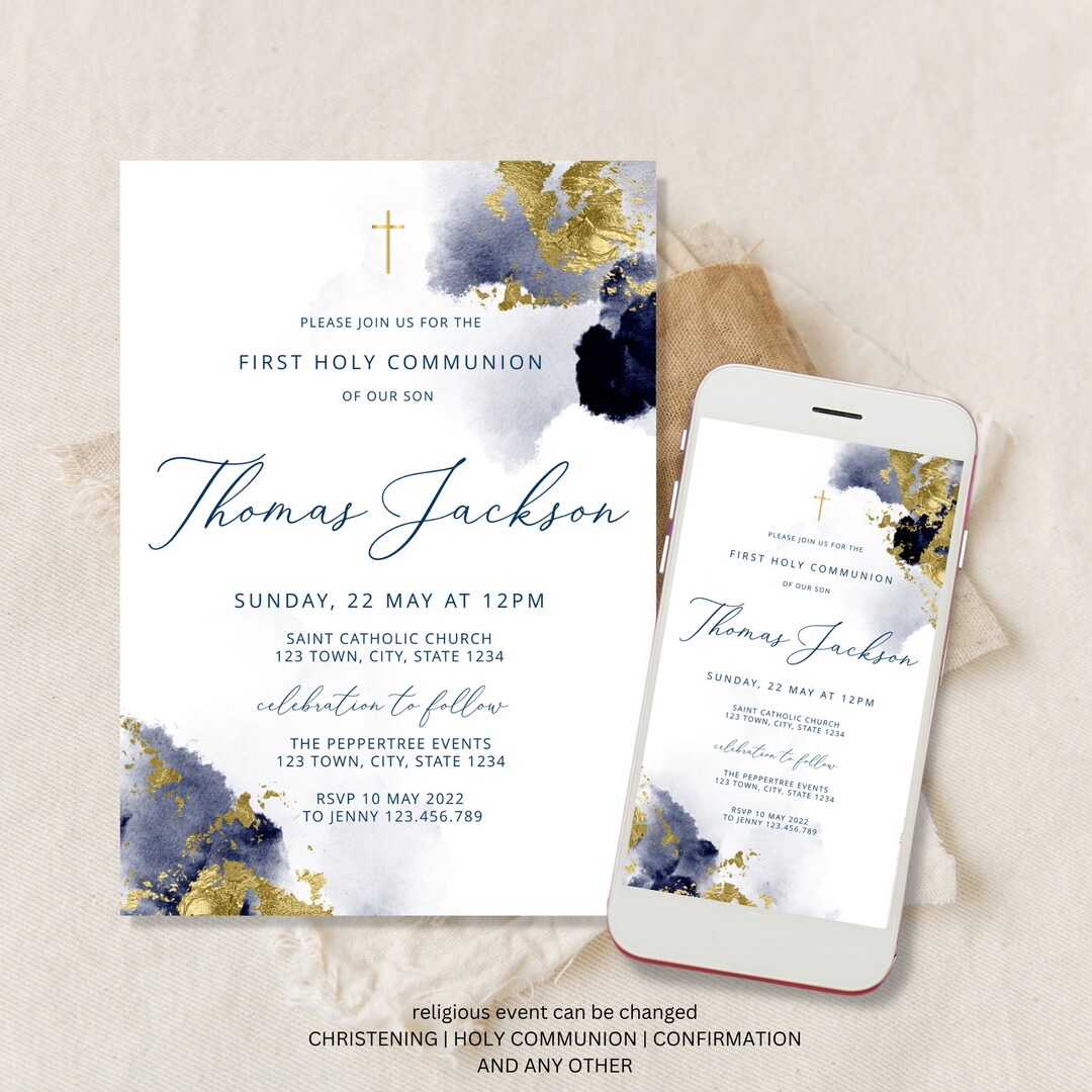 Communion Invitation Navy Blue, Blue First Communion Invitation ...