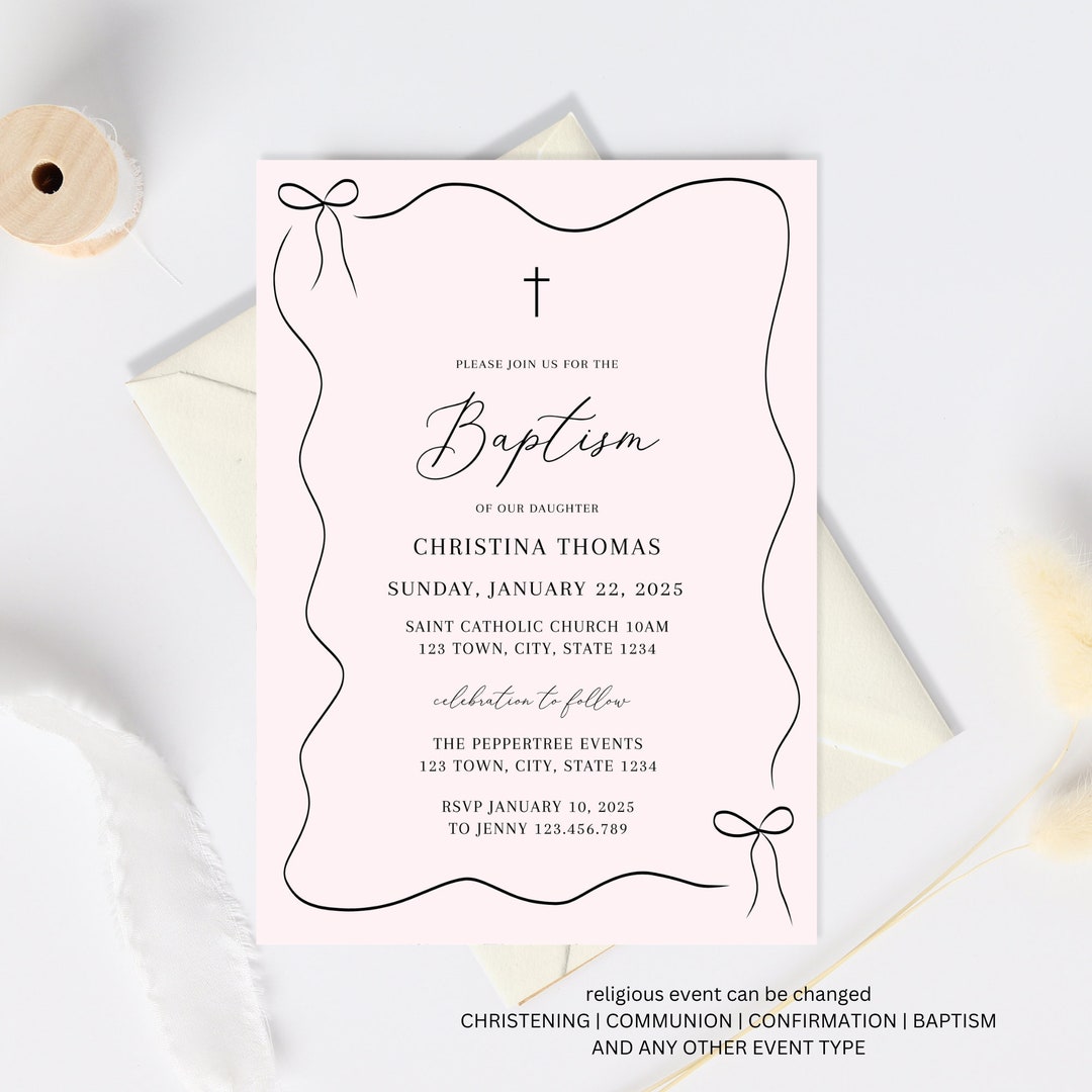 Pink and Black Baptism Invitation Girl, Christening Invitation, Wave ...