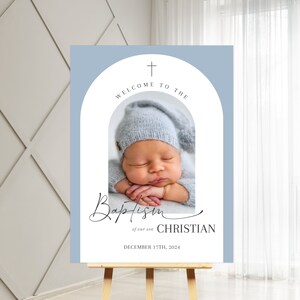 Dusty Blue Baptism Welcome Sign With Photo, White Cross Dusty Blue ...